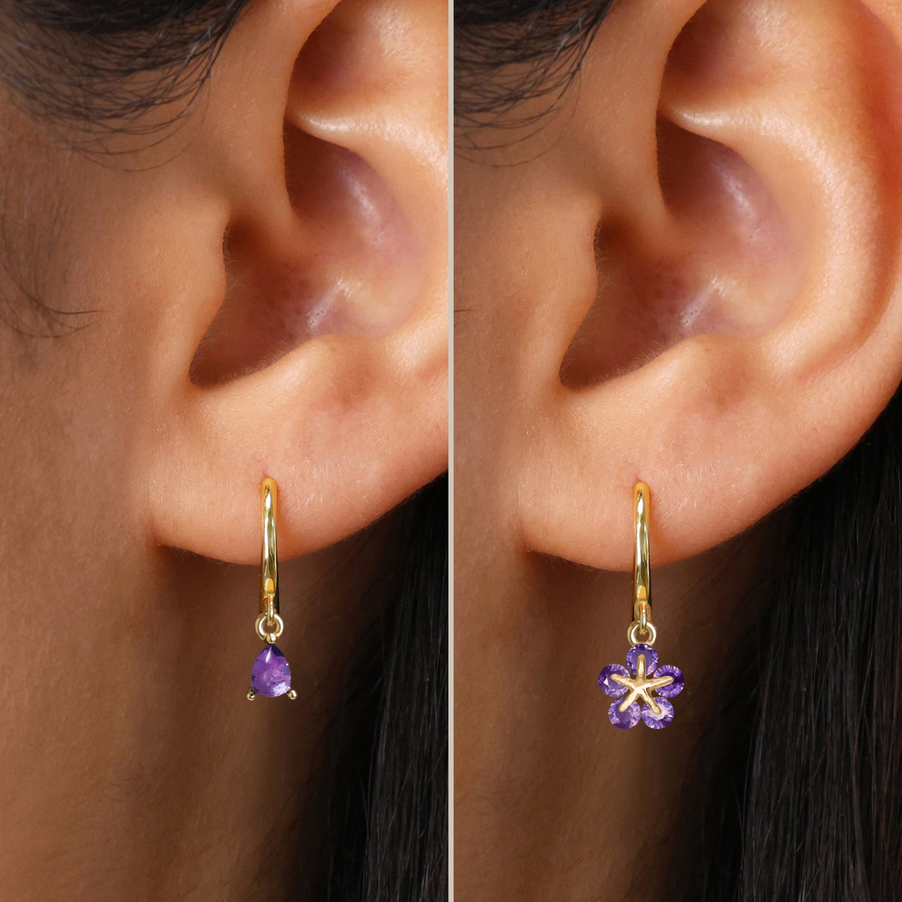Amethyst Cherry Blossom Drip Mismatched Hoops – Eyrful Artistry