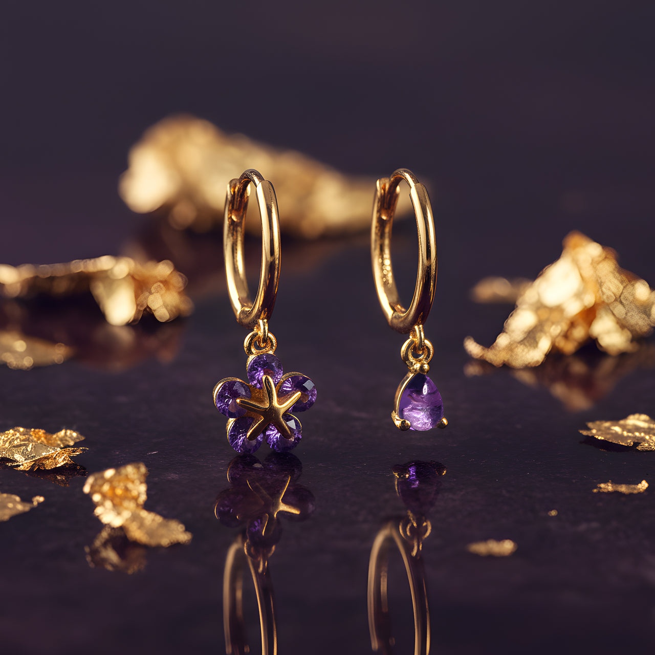 Amethyst Cherry Blossom Drip Mismatched Hoops – Eyrful Artistry