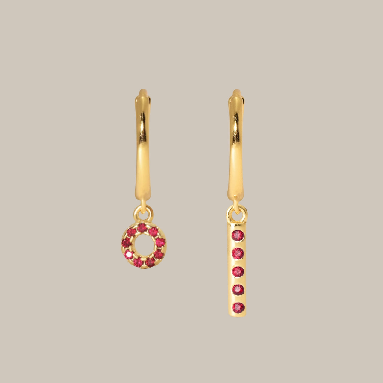 Ruby Bar Charm Mismatched Hoops – Eyrful Artistry